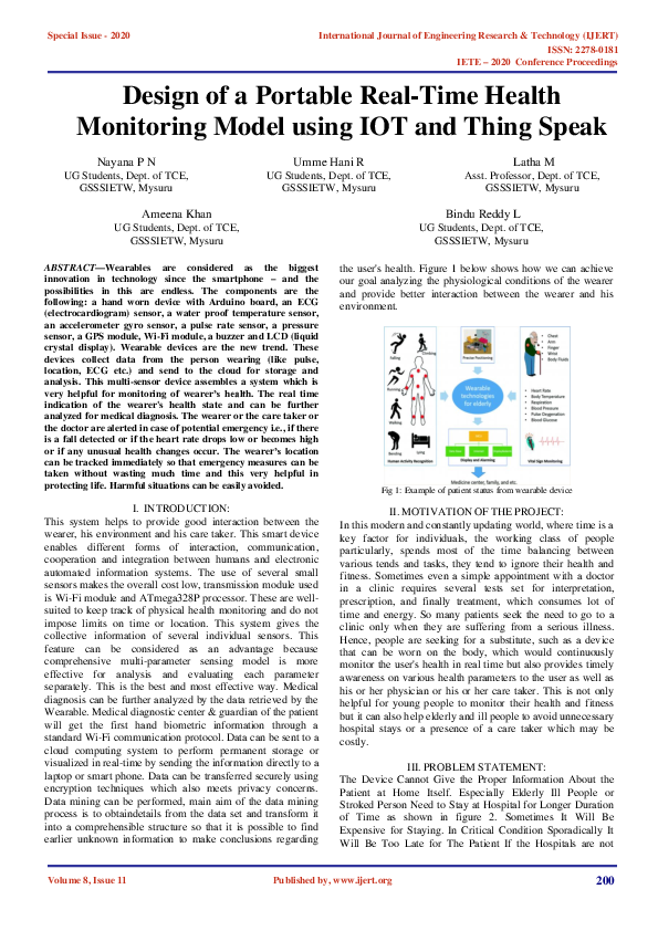Pdf Ijert Design Of A Portable Real Time Health Monitoring Model Using Iot And Thing Speak