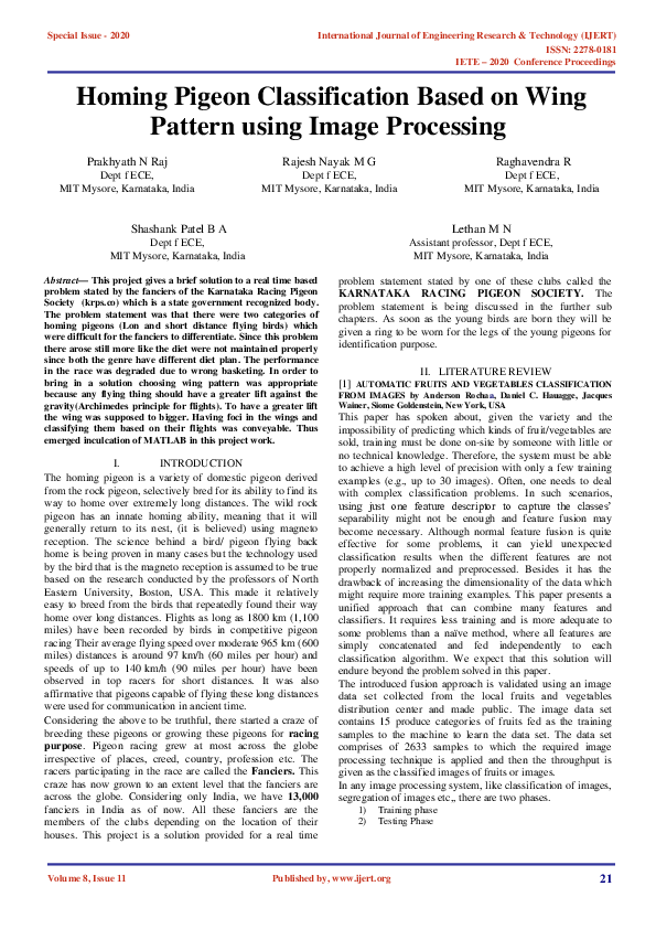 (PDF) IJERT-Homing Pigeon Classification Based on Wing Pattern using Image Processing