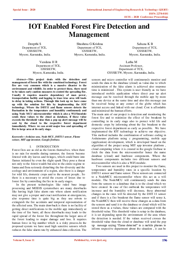Pdf Ijert Iot Enabled Forest Fire Detection And Management