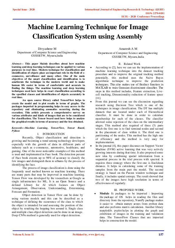 Pdf Ijert Machine Learning Technique For Image Classification System Using Assembly
