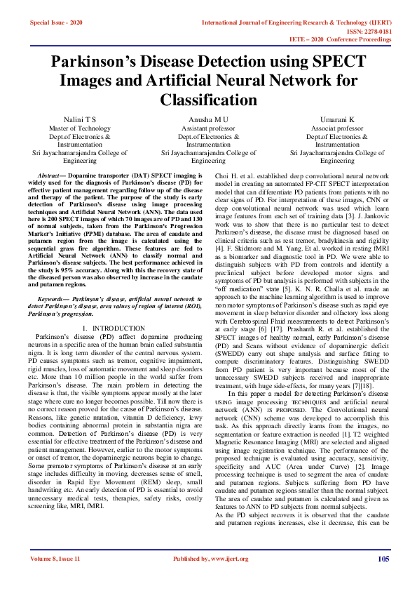 Pdf Ijert Parkinson S Disease Detection Using Spect Images And Artificial Neural Network For