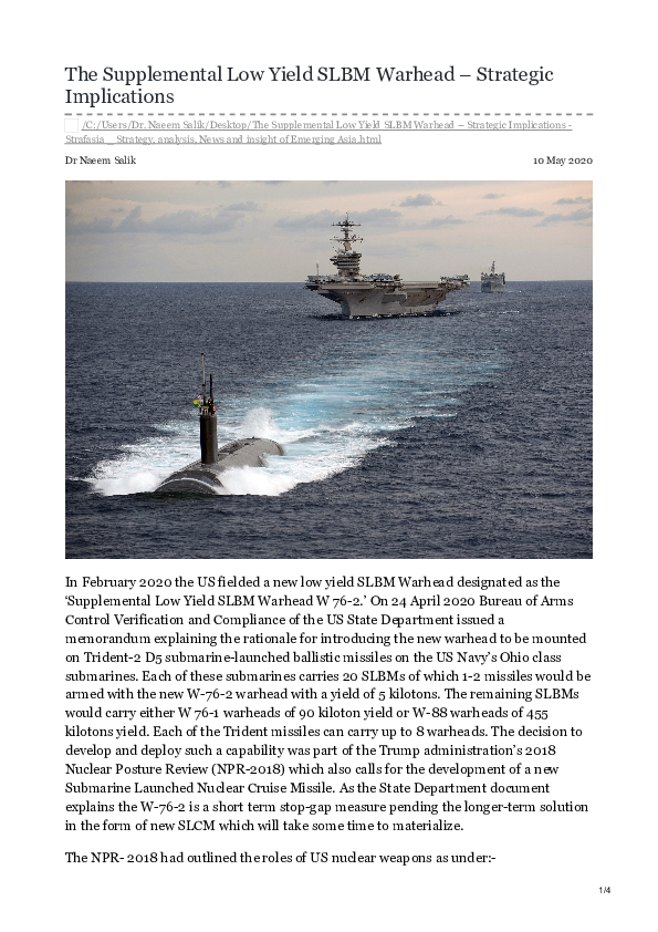 (PDF) The Supplemental Low Yield SLBM Warhead – Strategic Implications