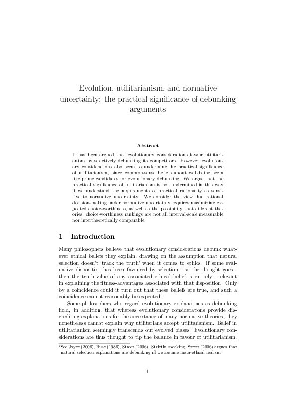 (PDF) Evolution, utilitarianism, and normative uncertainty: the ...