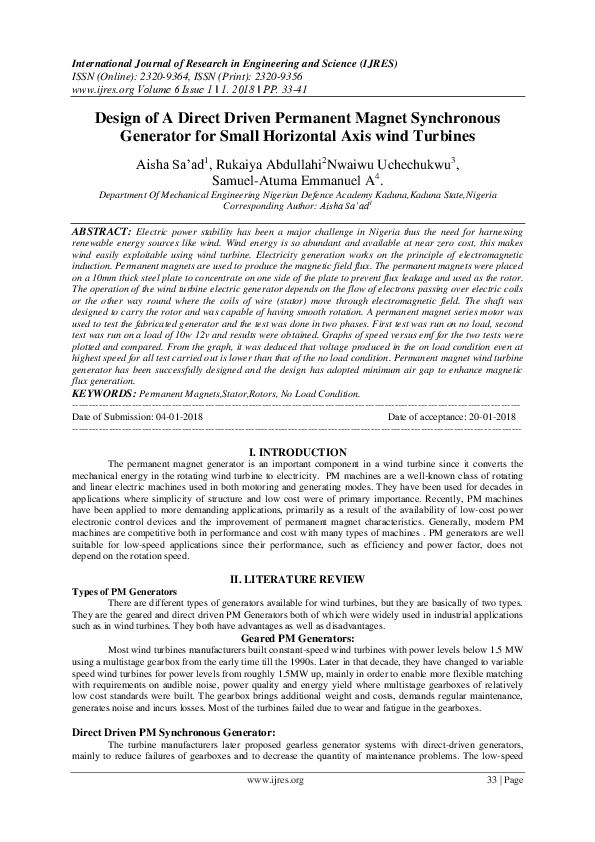 Pdf Design Of A Direct Driven Permanent Magnet Synchronous Generator For Small Horizontal Axis