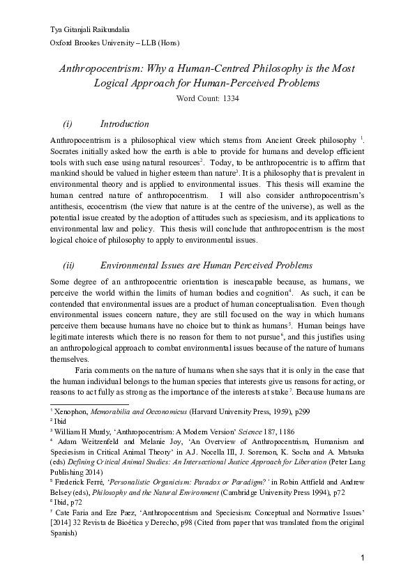 (DOC) Anthropocentrism: Why a Human-Centred Philosophy is the Most ...