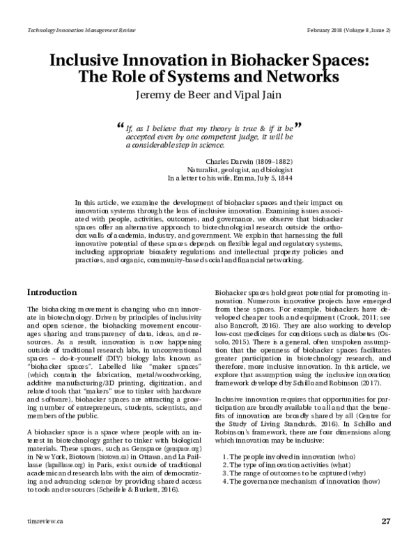 (PDF) Inclusive Innovation in Biohacker Spaces: The Role of Systems and ...