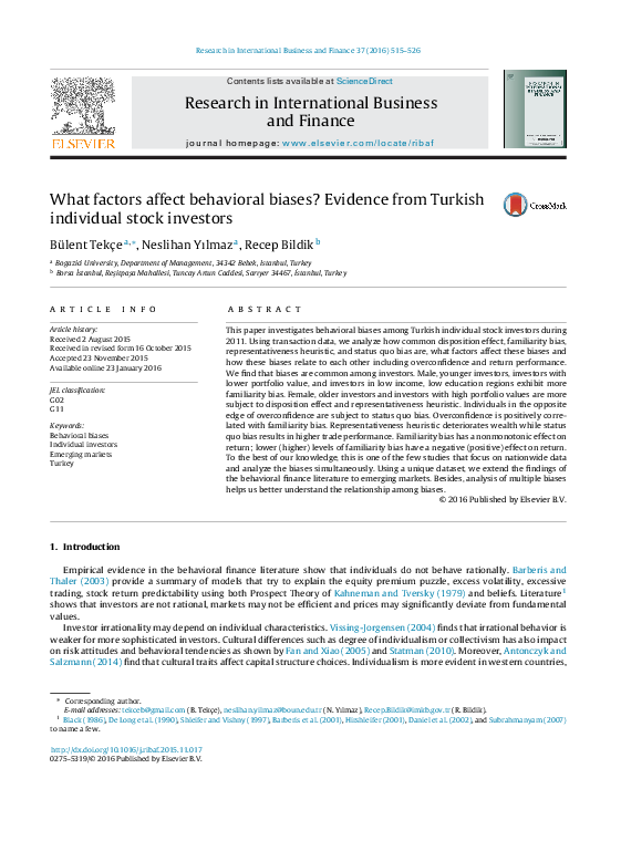 (PDF) What factors affect behavioral biases? Evidence from Turkish individual stock investors