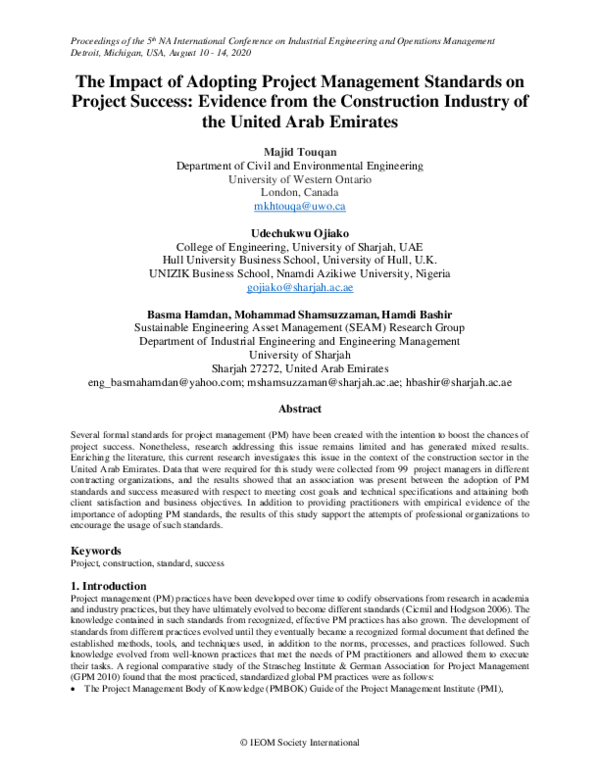 (PDF) The Impact of Adopting Project Management Standards on Project Success: Evidence from the ...