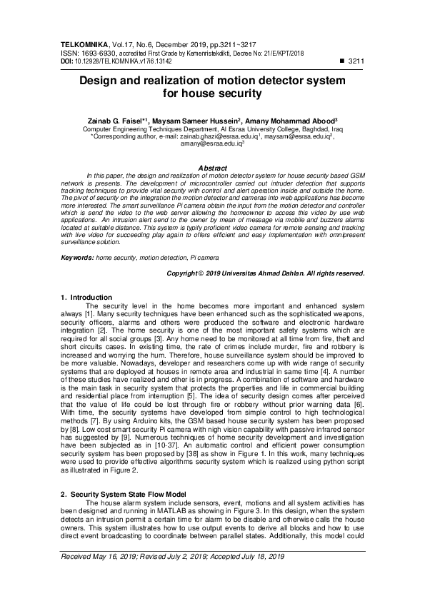 Pdf Design And Realization Of Motion Detector System For House Security