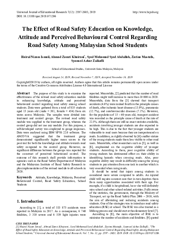 (PDF) The Effect of Road Safety Education on Knowledge, Attitude and ...