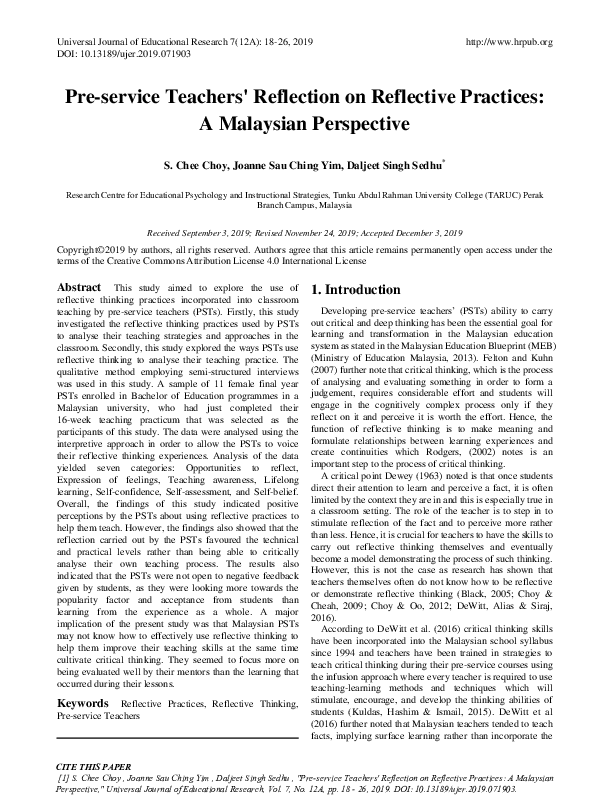 (PDF) Pre-service Teachers' Reflection on Reflective Practices: A ...