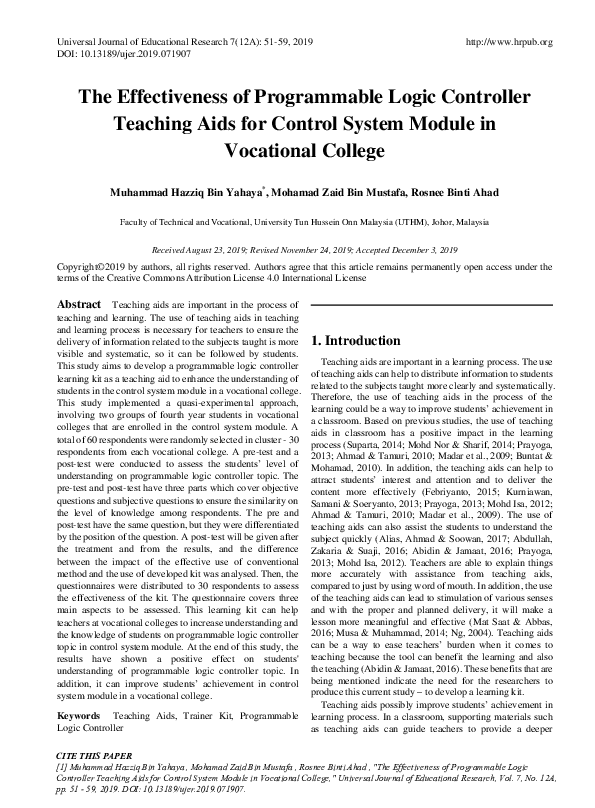 Pdf The Effectiveness Of Programmable Logic Controller Teaching Aids For Control System Module 6510