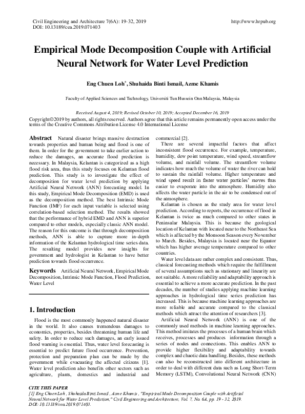 (PDF) Empirical Mode Decomposition Couple with Artificial Neural Network for Water Level Prediction