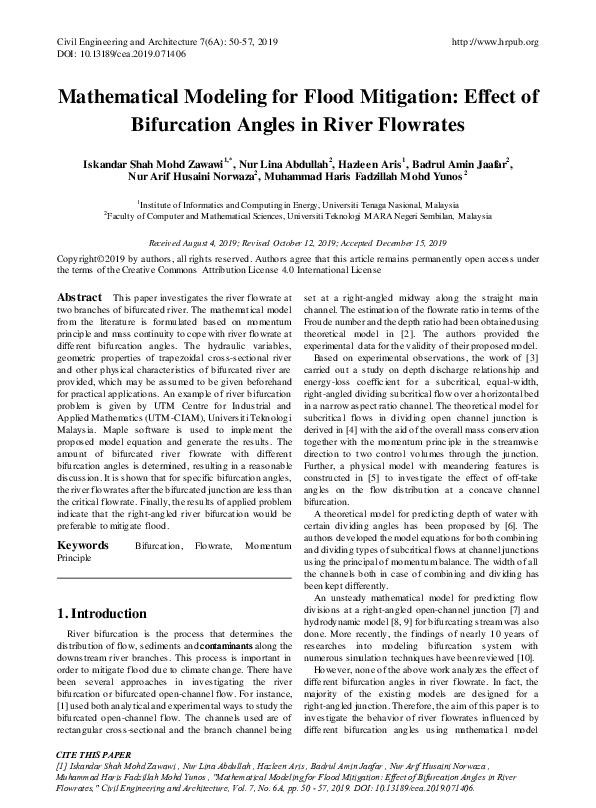 Pdf Mathematical Modeling For Flood Mitigation Effect Of Bifurcation