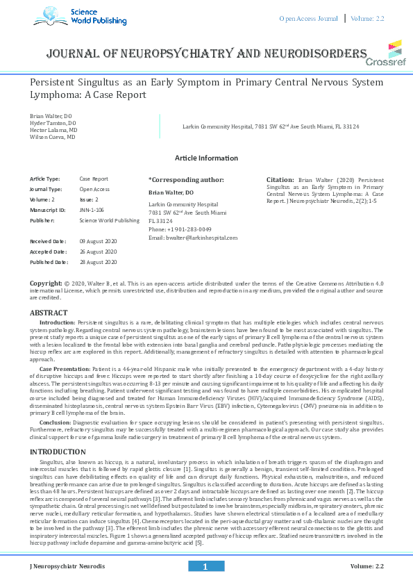 (PDF) Persistent Singultus as an Early Symptom in Primary Central ...