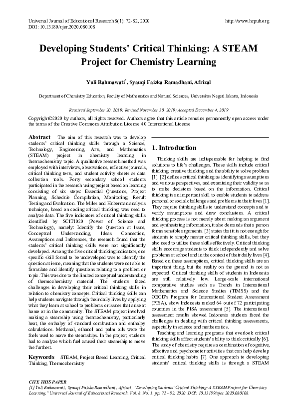 (PDF) Developing Students' Critical Thinking: A STEAM Project for ...