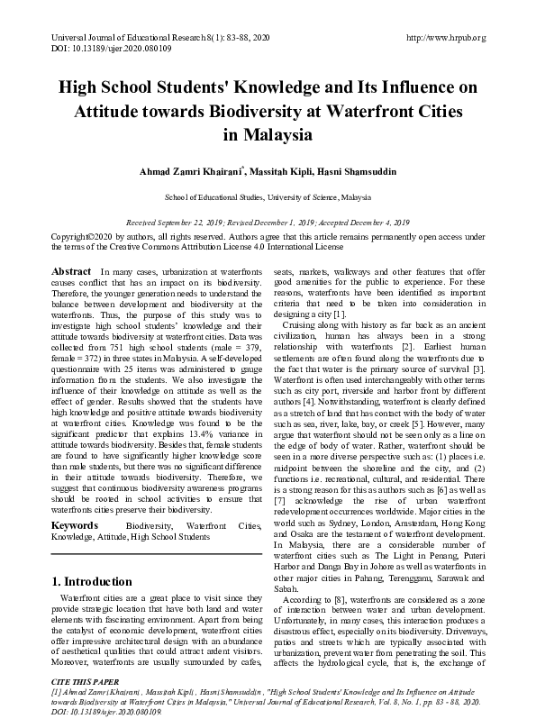 (PDF) High School Students' Knowledge and Its Influence on Attitude towards Biodiversity at ...