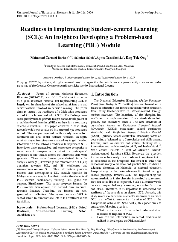 (PDF) Readiness in Implementing Student-centred Learning (SCL): An Insight to Developing a ...
