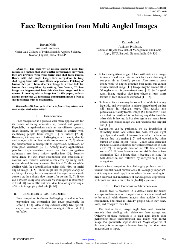 Pdf Ijert Face Recognition From Multi Angled Images