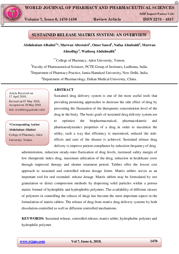 (PDF) SUSTAINED RELEASE MATRIX SYSTEM: AN OVERVIEW