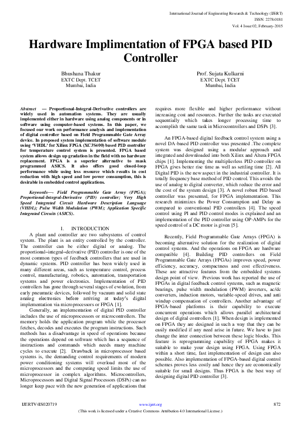 (PDF) IJERT-Hardware Implimentation of FPGA based PID Controller (PDF) IJERT-Hardware Implimentation of FPGA based PID Controller