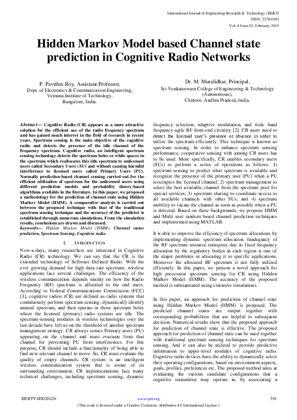 (PDF) IJERT-Hidden Markov Model based Channel state prediction in Cognitive Radio Networks