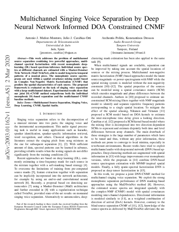 (PDF) Multichannel Singing Voice Separation by Deep Neural Network Informed DOA Constrained CNMF