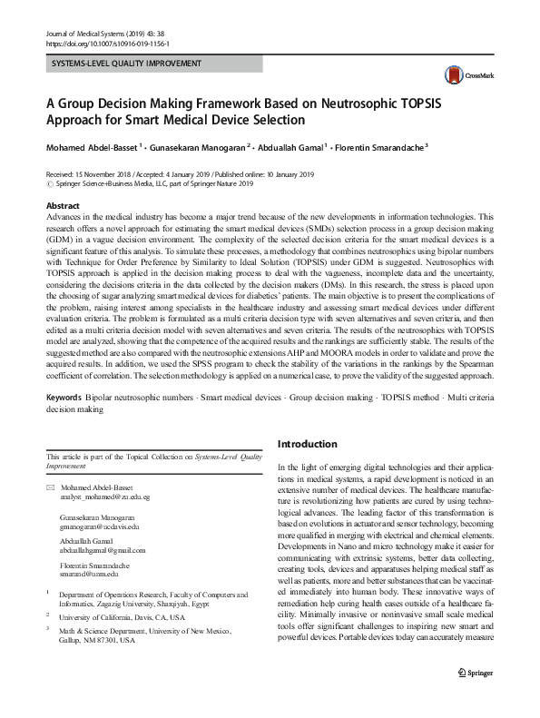 Pdf A Group Decision Making Framework Based On Neutrosophic Topsis Approach For Smart Medical