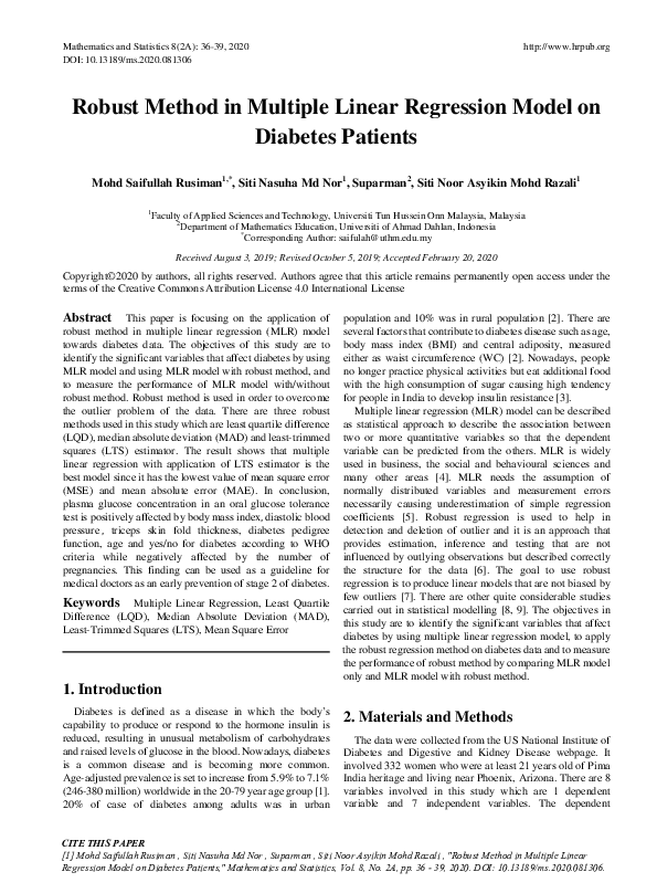 Pdf Robust Method In Multiple Linear Regression Model On Diabetes