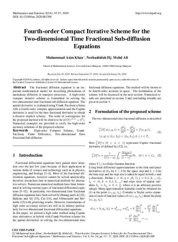 Pdf Fourth Order Compact Iterative Scheme For The Two Dimensional Time Fractional Sub