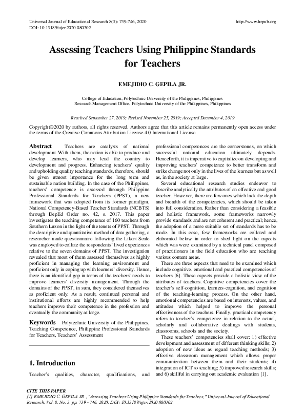 (PDF) Assessing Teachers Using Philippine Standards for Teachers