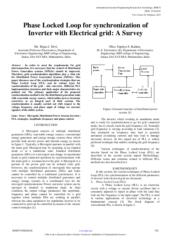 (PDF) IJERT-Phase Locked Loop for synchronization of Inverter with Electrical grid: A Survey