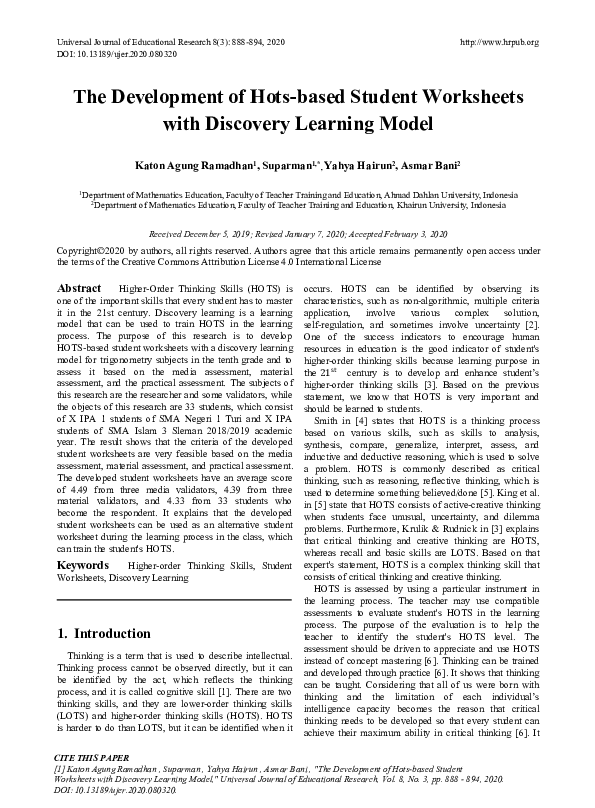 (PDF) The Development of Hots-based Student Worksheets with Discovery ...
