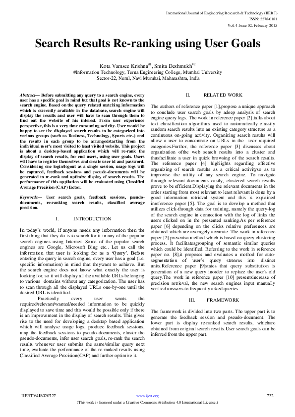 (PDF) IJERT-Search Results Re-ranking using User Goals