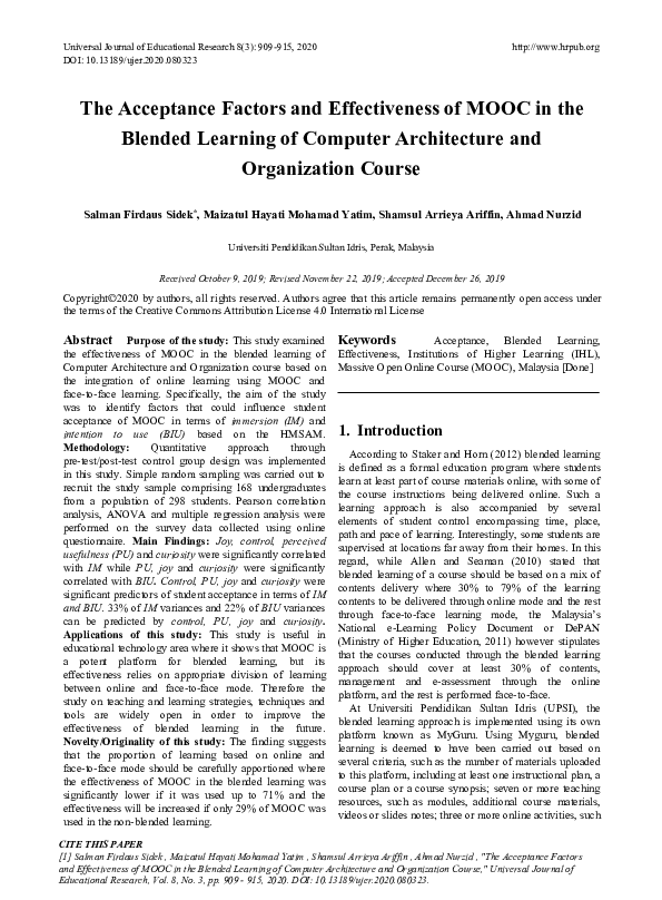 Pdf The Acceptance Factors And Effectiveness Of Mooc In The Blended Learning Of Computer