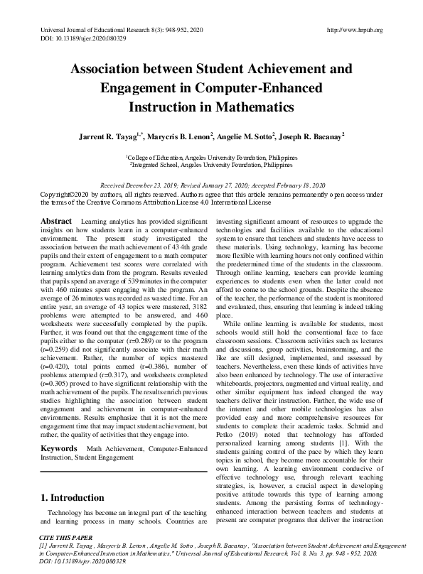 (PDF) Association between Student Achievement and Engagement in ...
