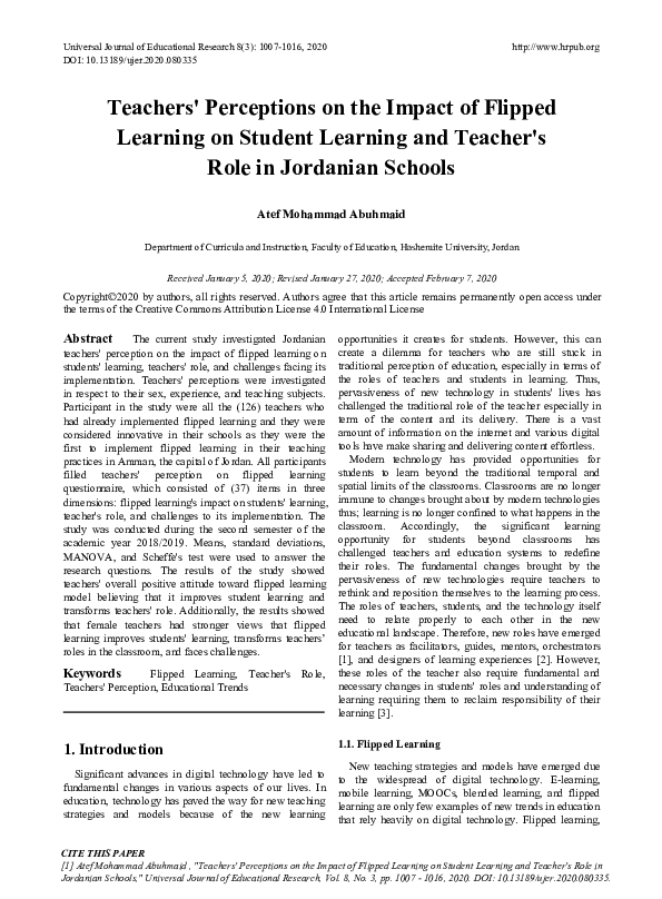 (PDF) Teachers' Perceptions on the Impact of Flipped Learning on Student Learning and Teacher's ...