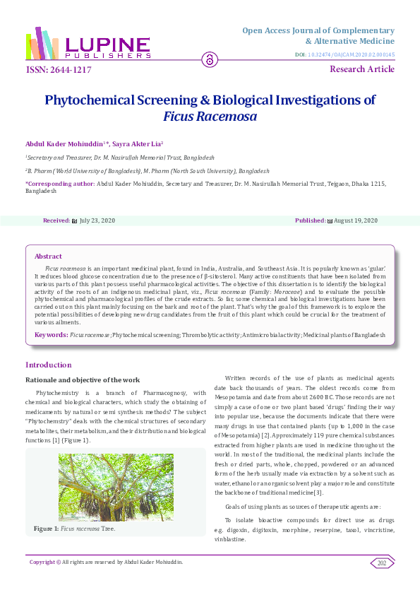 (PDF) Phytochemical Screening & Biological Investigations of Ficus Racemosa