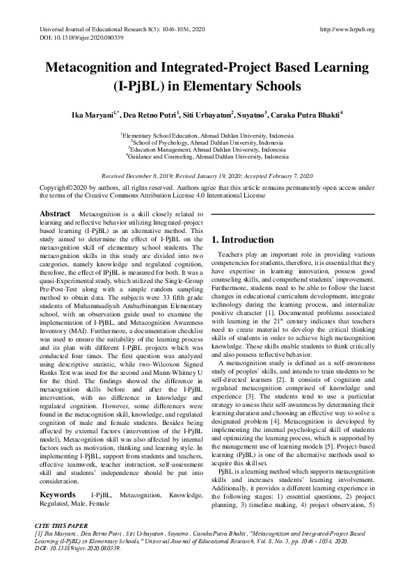 (PDF) Metacognition and Integrated-Project Based Learning (I-PjBL) in Elementary Schools