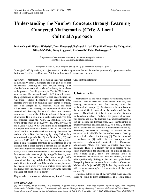 (PDF) Understanding the Number Concepts through Learning Connected Mathematics (CM): A Local ...