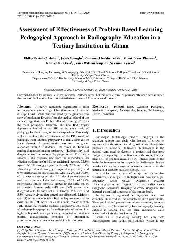 (PDF) Assessment of Effectiveness of Problem Based Learning Pedagogical ...