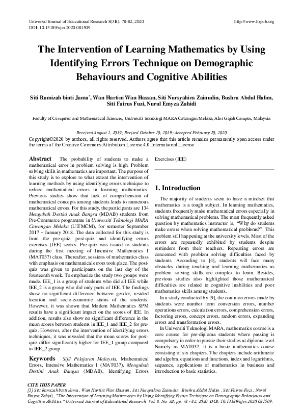 (PDF) The Intervention of Learning Mathematics by Using Identifying Errors Technique on ...