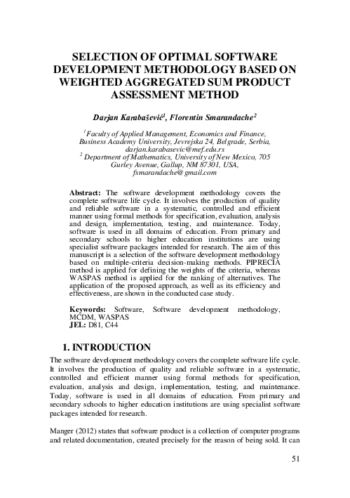 (PDF) SELECTION OF OPTIMAL SOFTWARE DEVELOPMENT METHODOLOGY BASED ON WEIGHTED AGGREGATED SUM ...