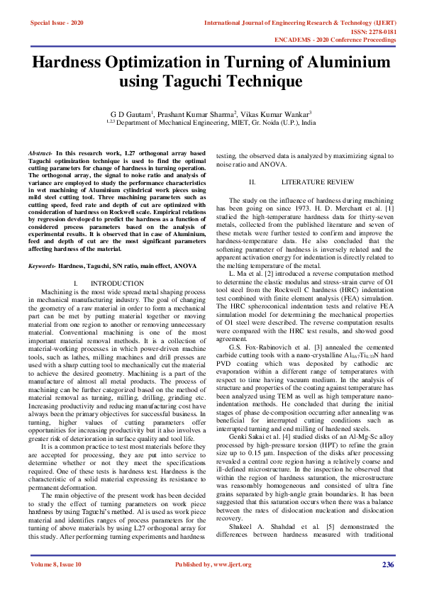 Pdf Ijert Hardness Optimization In Turning Of Aluminium Using Taguchi Technique