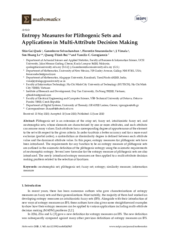 (PDF) Entropy Measures for Plithogenic Sets and Applications in Multi-Attribute Decision Making