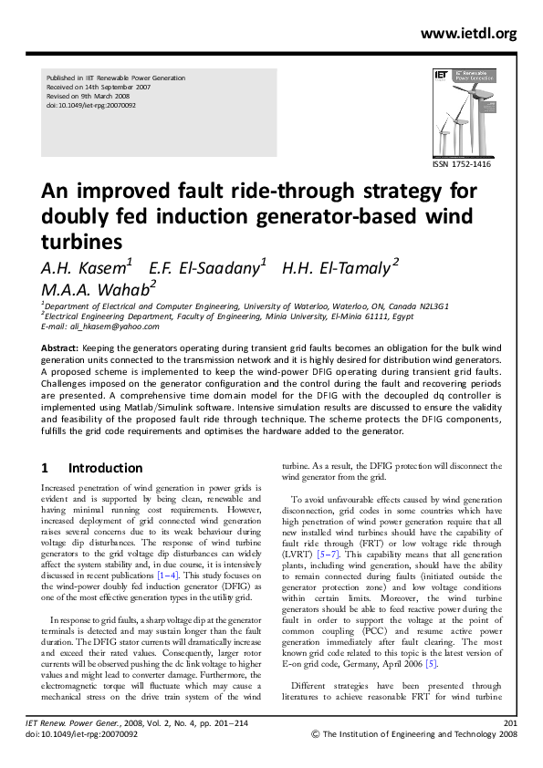 Pdf An Improved Fault Ride Through Strategy For Doubly Fed Induction Generator Based Wind