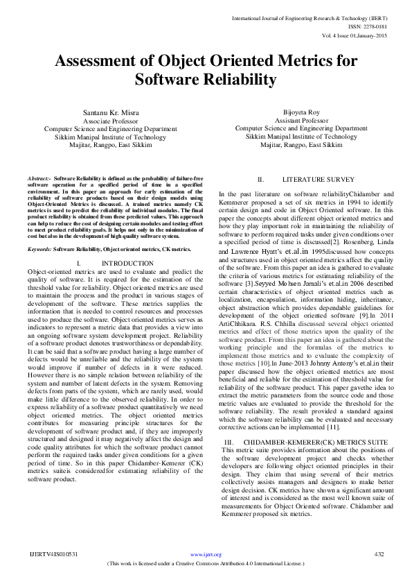 (PDF) IJERT-Assessment of Object Oriented Metrics for Software Reliability