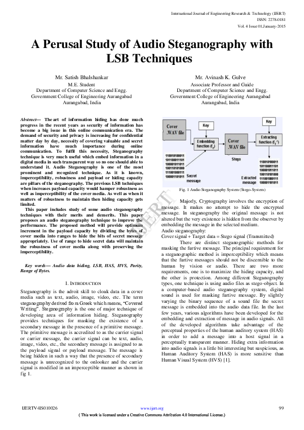 (PDF) IJERT-A Perusal Study of Audio Steganography with LSB Techniques