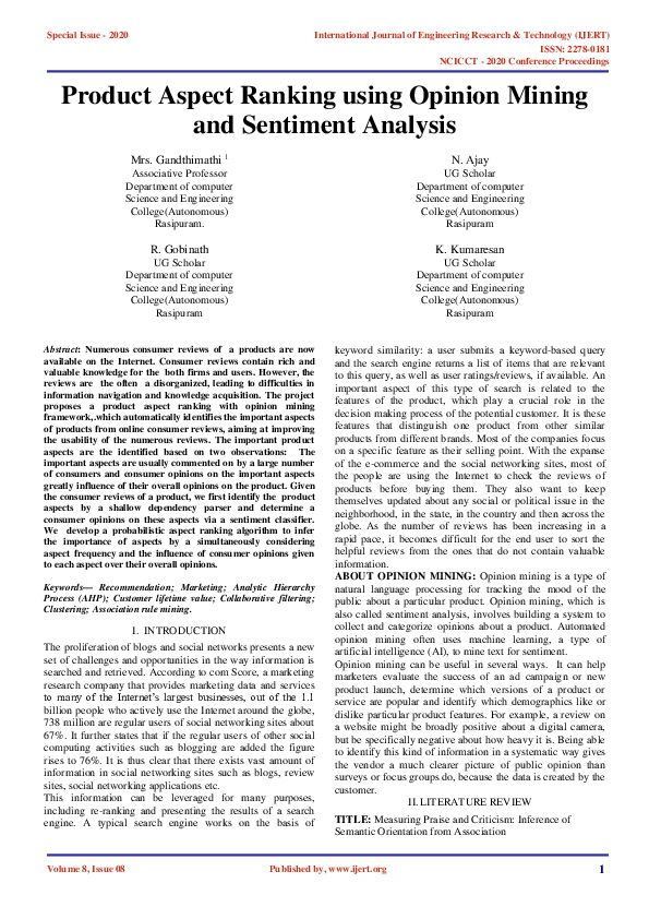 (PDF) Product Aspect Ranking using Opinion Mining and Sentiment Analysis