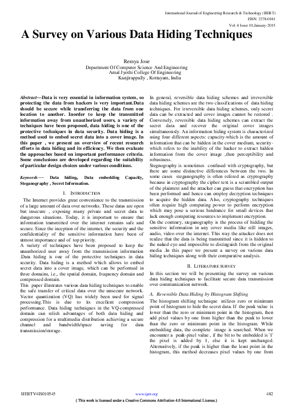 Pdf Ijert A Survey On Various Data Hiding Techniques Ijert Journal 
